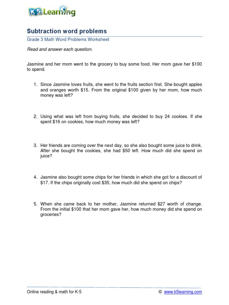Grade 3 Subtraction Word Problems A4 Pdf