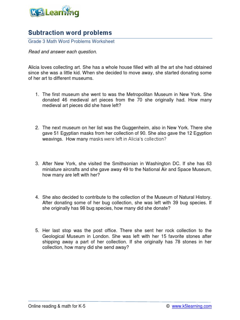 Grade 3 Subtraction Word Problems A3 | PDF