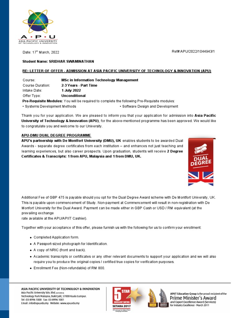 Sridhar Swaminathan Offer Letter | PDF | Fee | Cheque