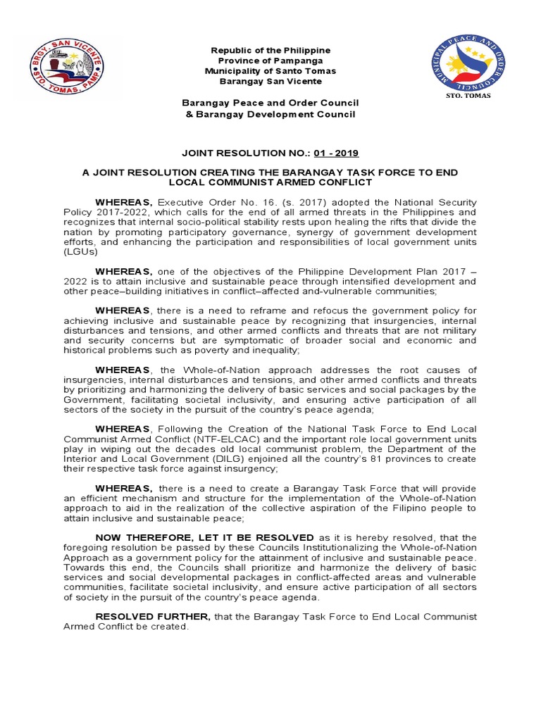 Barangay Task Force Resolution on Peace | PDF | Government