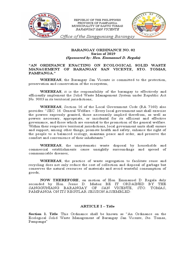Barangay Ordinance 2 sOLID wASTE | PDF | Municipal Solid Waste | Waste Management