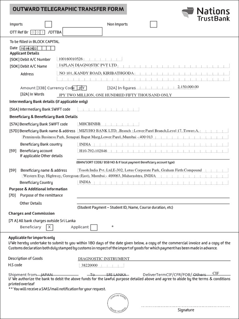 Outward Telegraphic Transfer Form | PDF | Banks | Taxes