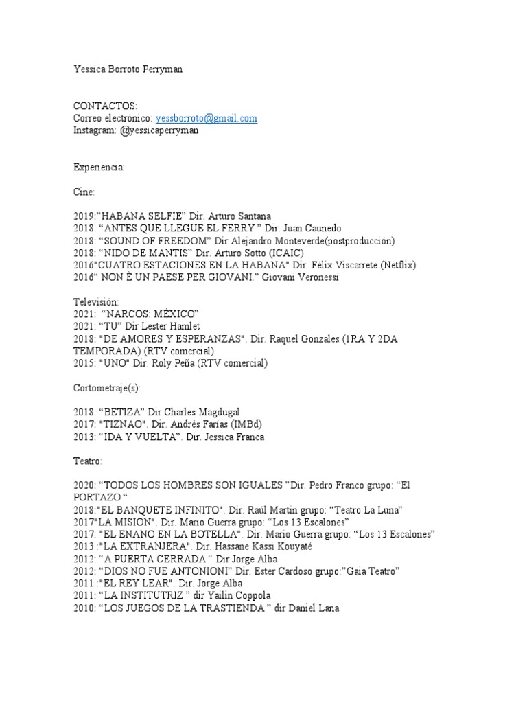 Curriculum Yessica Borroto Perryman | PDF | Entretenimiento