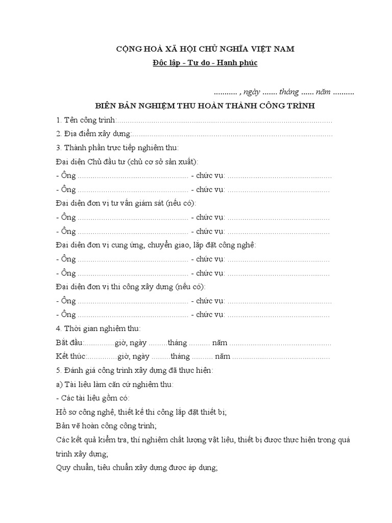Bien Ban Nghiem Thu Hoan Thanh Cong Trinh. | PDF