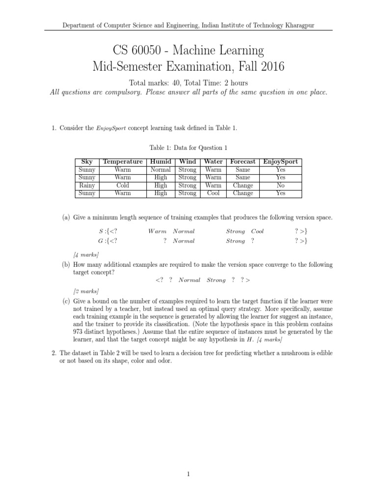 CS 60050 - Machine Learning Mid-Semester Examination, Fall 2016 | PDF | Statistical ...