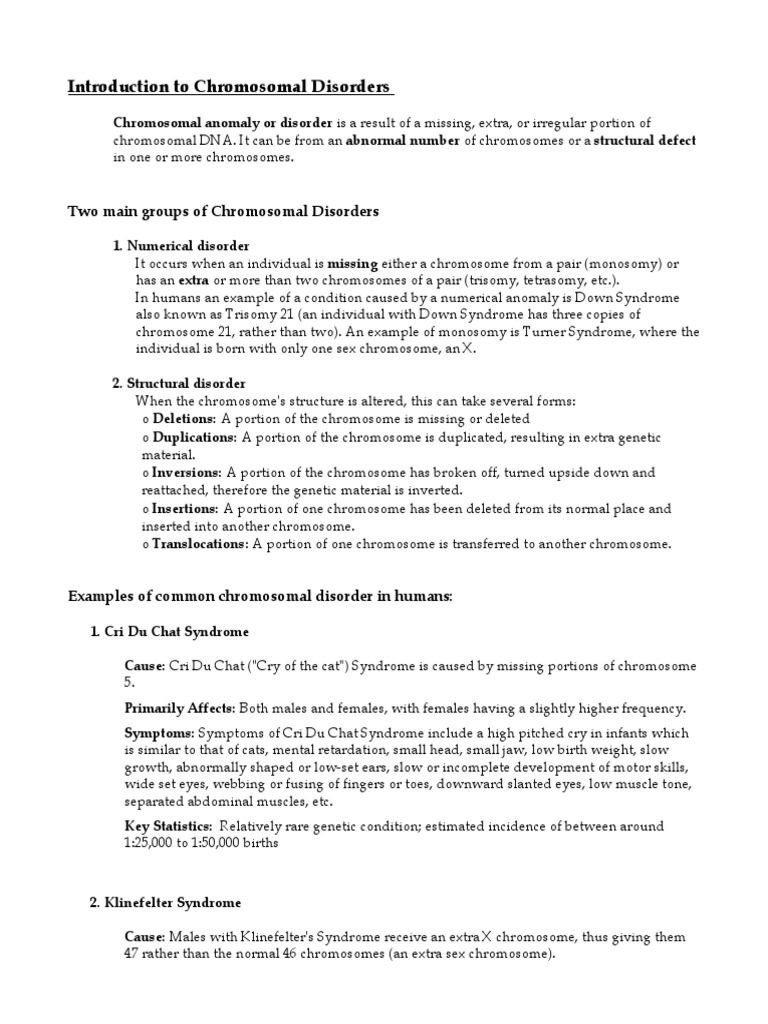 Introduction To Chromosomal Disorders | PDF | Down Syndrome | Genetic ...