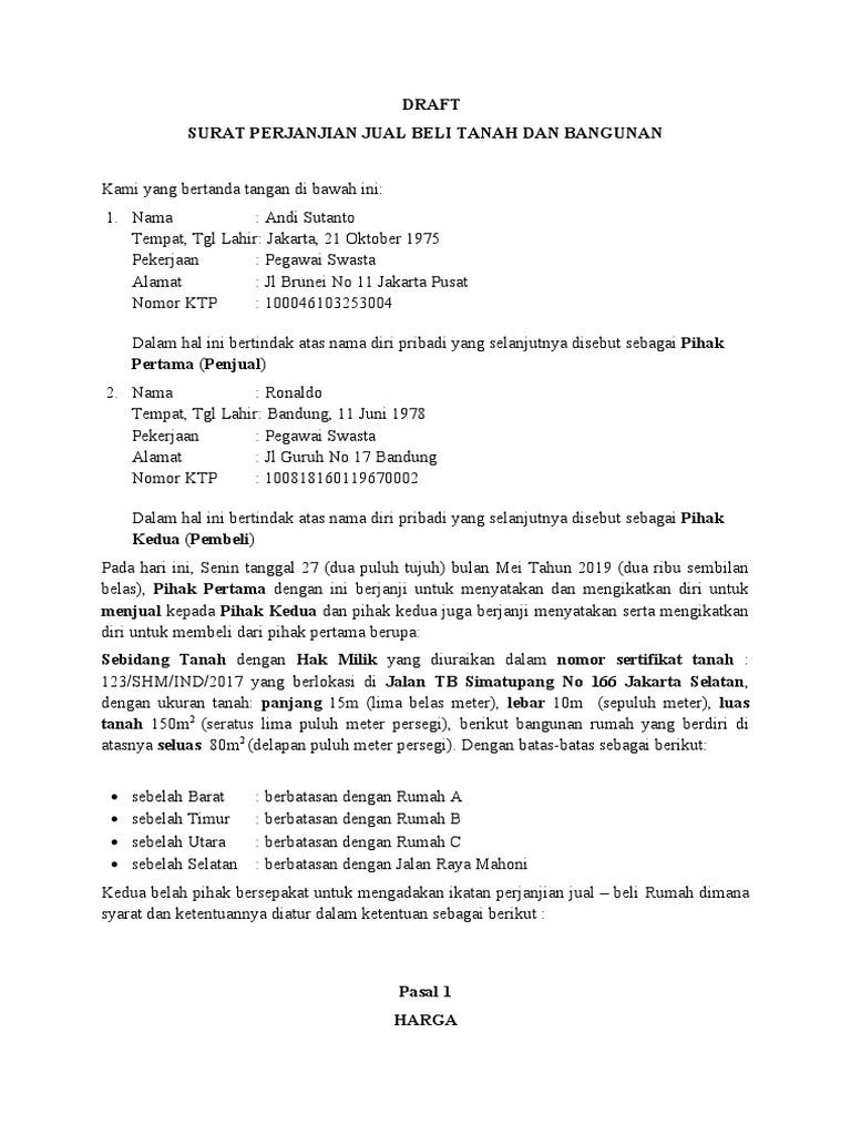 Draft Perjanjian Jual Beli Tanah Dan Bangunan | PDF