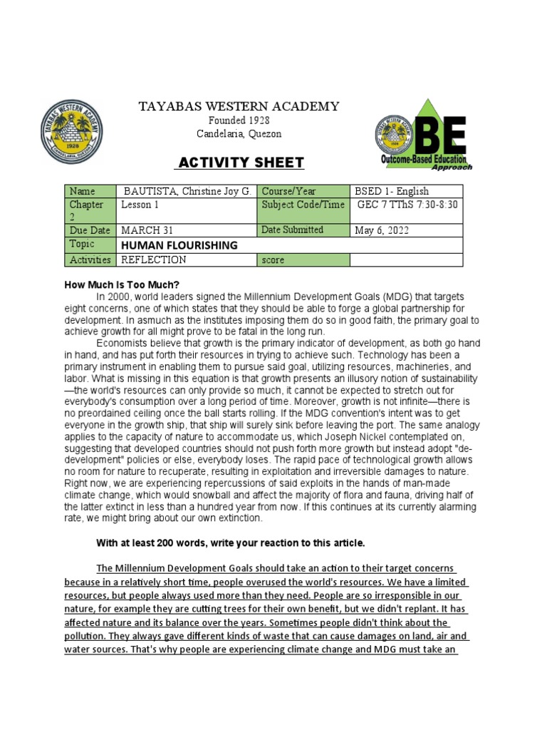 TAYABAS WESTERN ACADEMY ACTIVITY SHEET | PDF | Climate Change ...