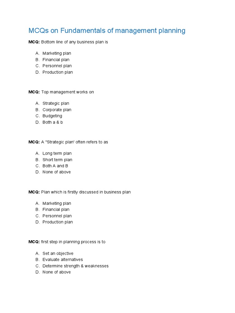 MCQs On Fundamentals of Management Planning | PDF | Multiple Choice ...