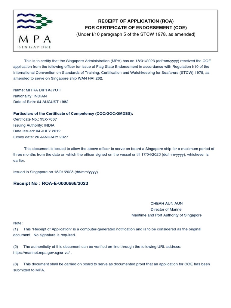 (Under I/10 Paragraph 5 of The STCW 1978, As Amended) : Receipt of ...