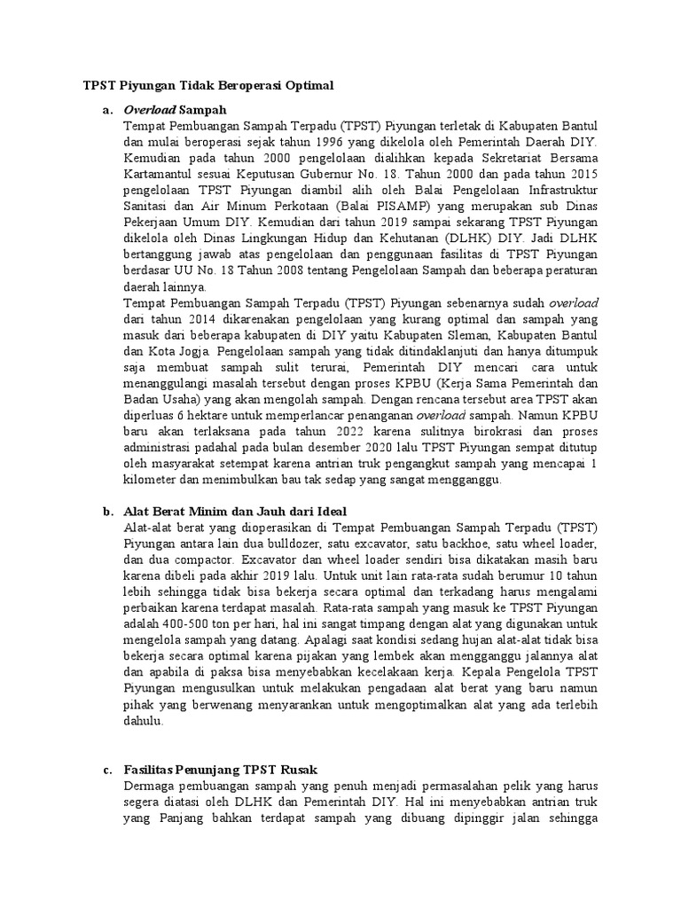 TPST Piyungan Tidak Beroperasi Optimal | PDF