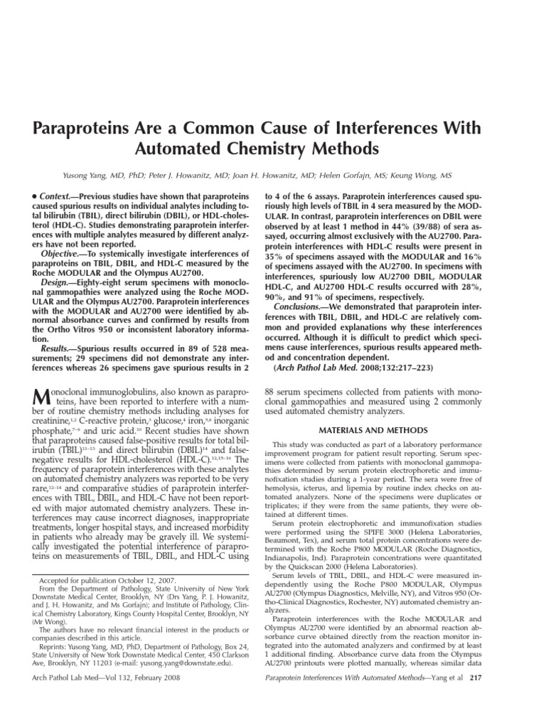 Paraproteins Are A Common Cause of Interferences With Automated ...