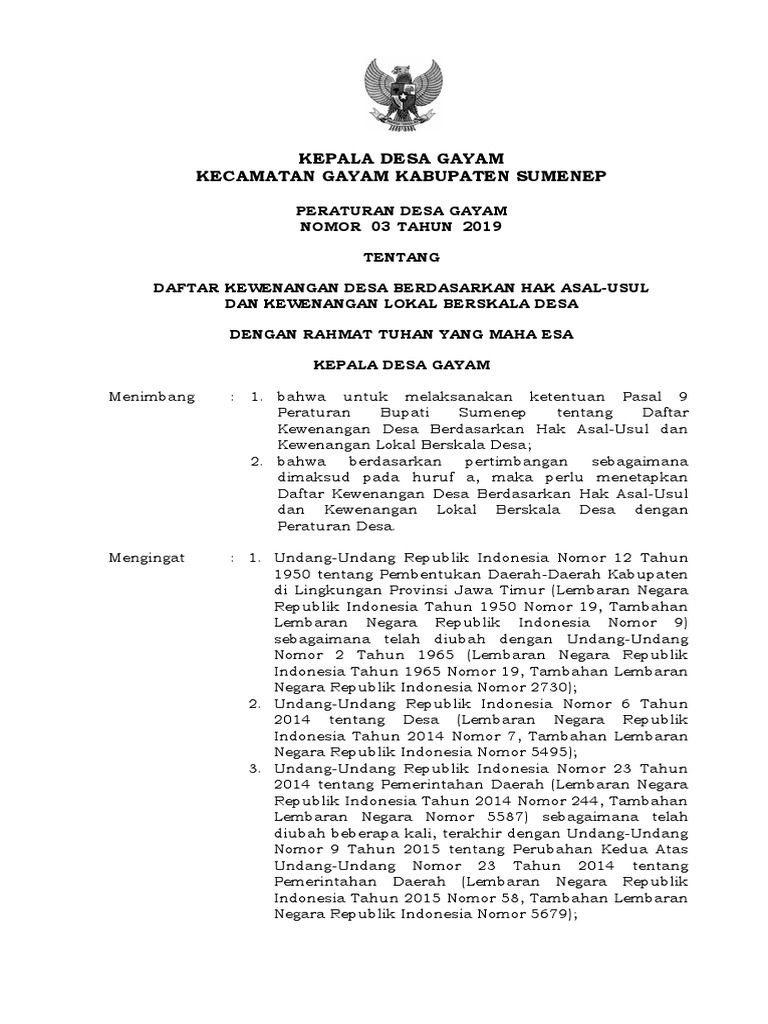 Perdes Kewenangan Desa Gayam 2019 | PDF