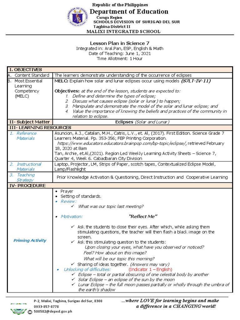 COT_science 7_LESSON PLAN (Q4)_2020-2021 | PDF | Solar Eclipse | Shadow