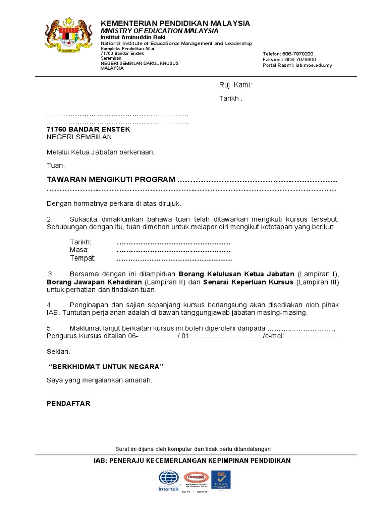 BK01 Surat Tawaran Peserta Kursus | PDF