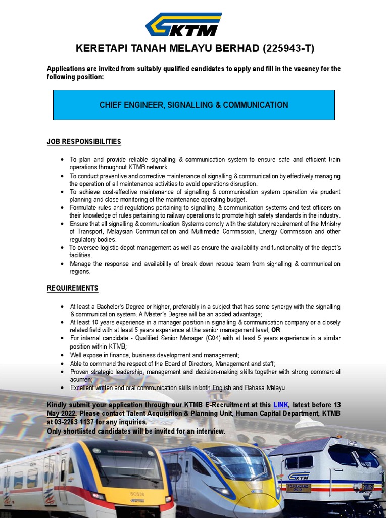 Chief Engineer - Signalling & Communication | PDF | Communication | Recruitment