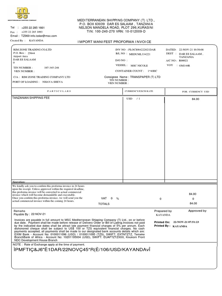 Import Manifest Proforma Invoice: Ìpmftiç&J6"È1Dar/22Novç45 R (È/106 ...