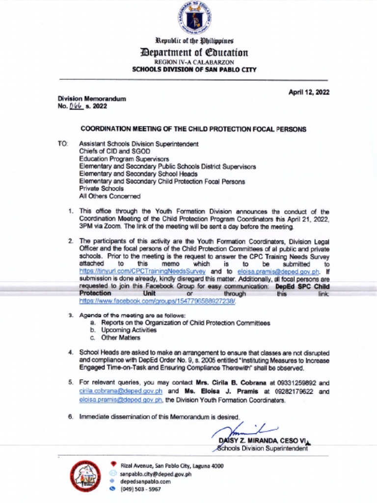 Division Memorandum No.066.s.2022 Coordination Meeting of The Child ...