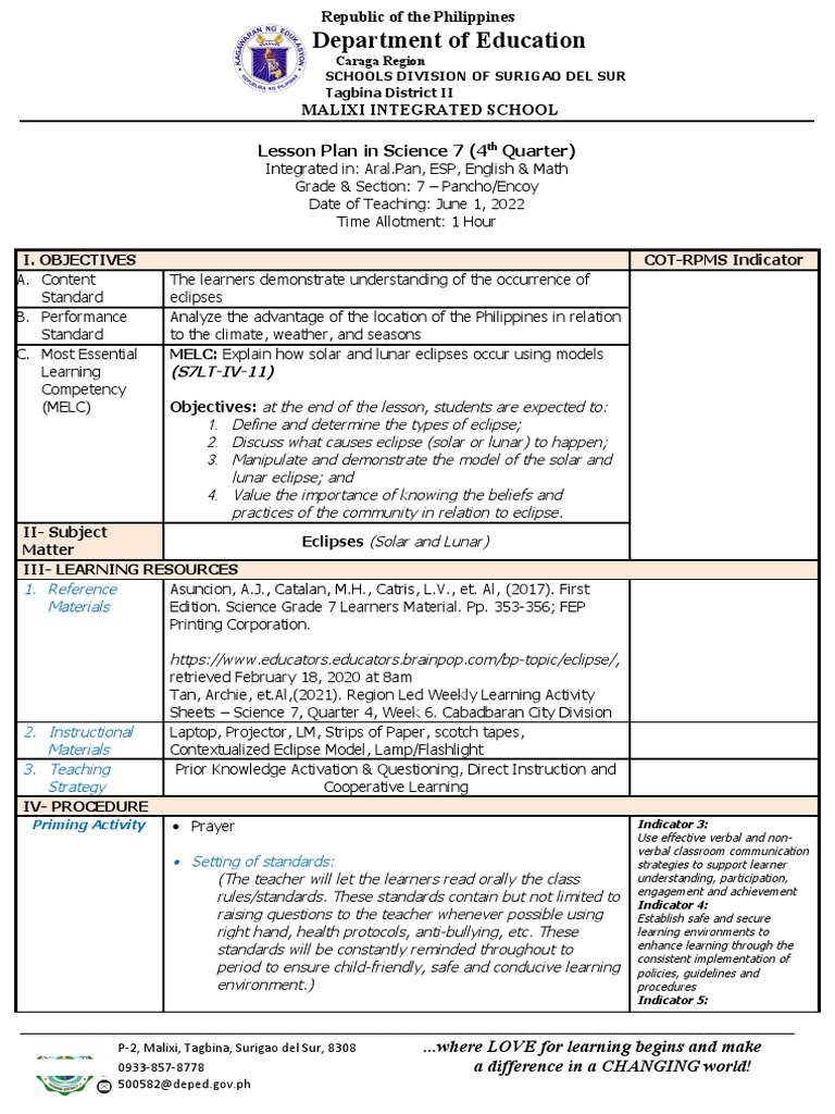 2nd - COT - Science 7 - LESSON PLAN (Q4) - 2021-2022 | PDF | Solar Eclipse | Shadow