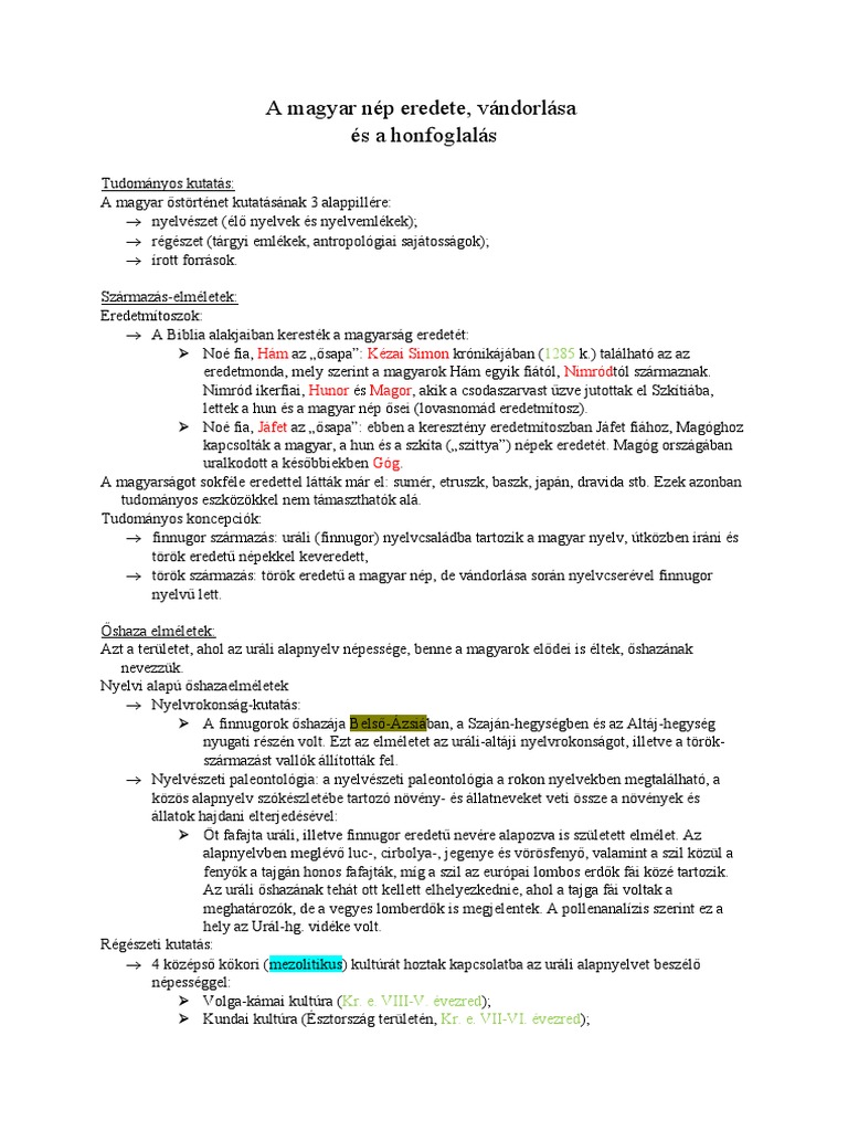 23. A magyar nép eredete, vándorlása és a honfoglalás | PDF