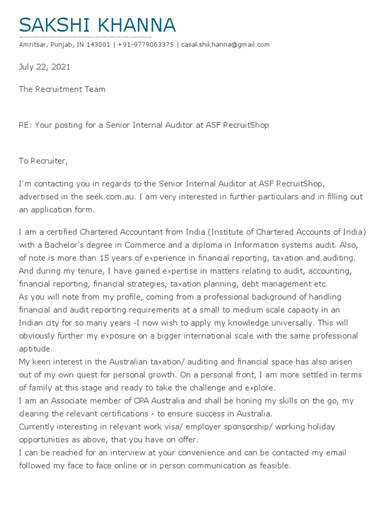 Application for the Position of Senior Internal Auditor at ASF ...