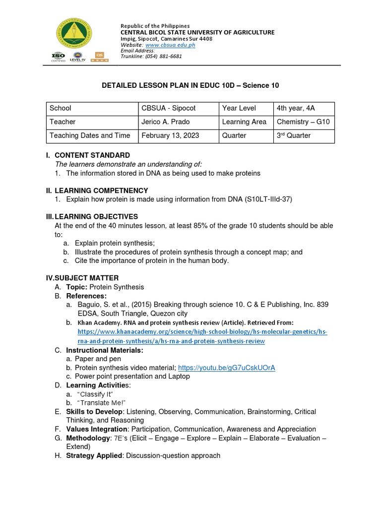 Grade 10 Protein Synthesis Lesson Plan | PDF | Rna | Dna