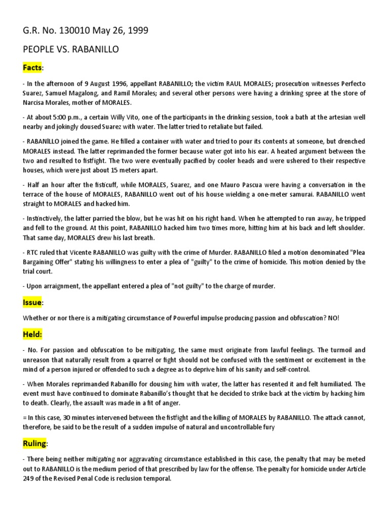 307 PEOPLE VS. RABANILLO G.R. No. 130010 | PDF | Misconduct | Hazards
