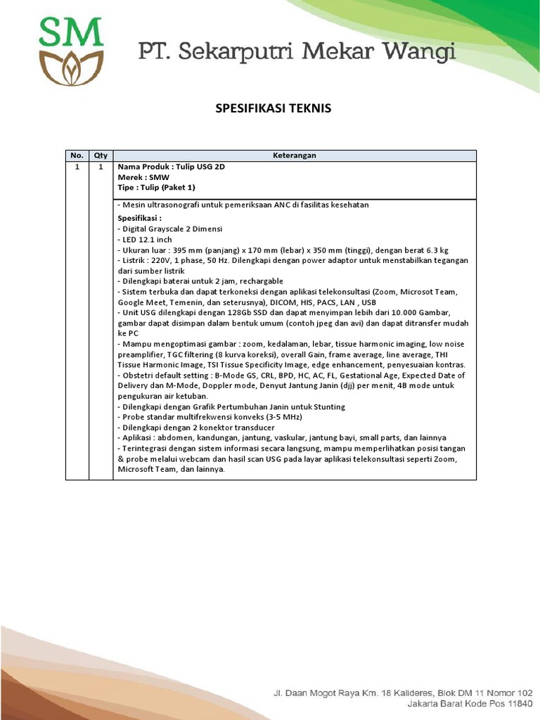 Spesifikasi Tulip USG 2D (Paket 1) | PDF | Sains & Matematika