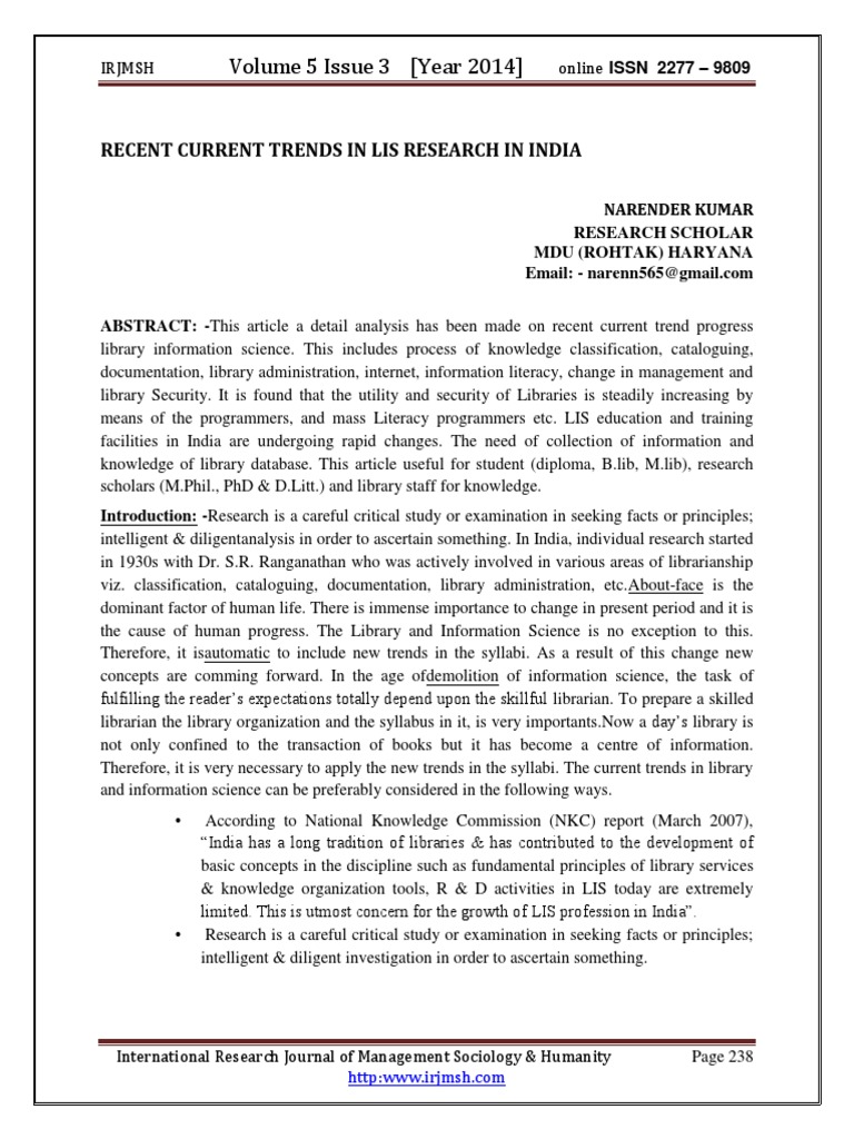 Recent Current Trends in Lis Research in | PDF | Libraries | Librarian