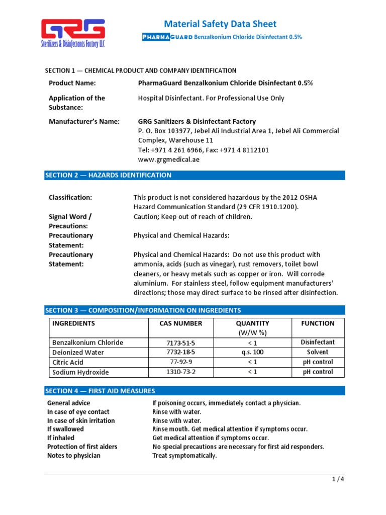 MSDS Benzalkonium Chloride Solution | PDF | Bleach | Disinfectant
