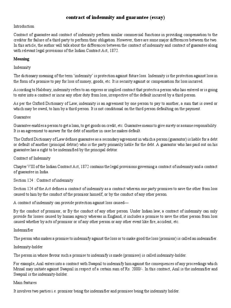 Contract of Indemnity and Guarantee | PDF | Guarantee | Indemnity