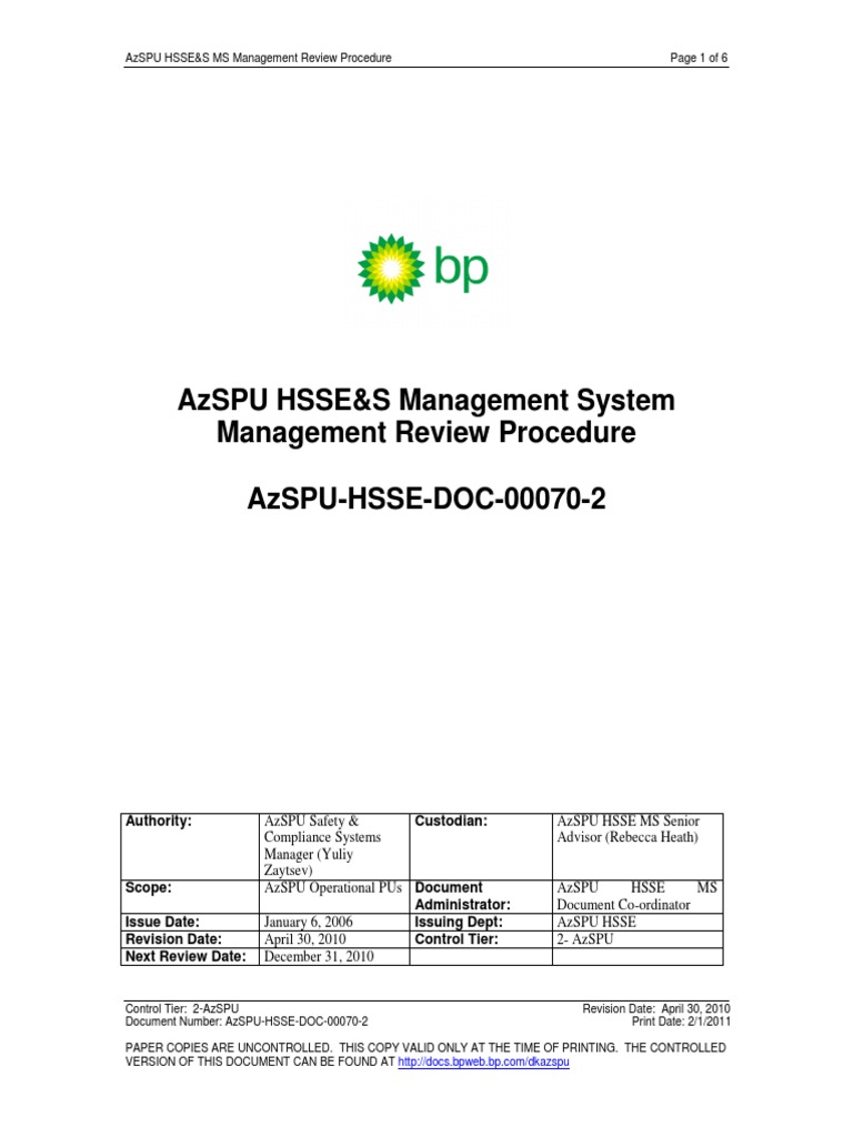 AzSPU HSSE Management Review Procedure | PDF | Regulatory Compliance | Risk