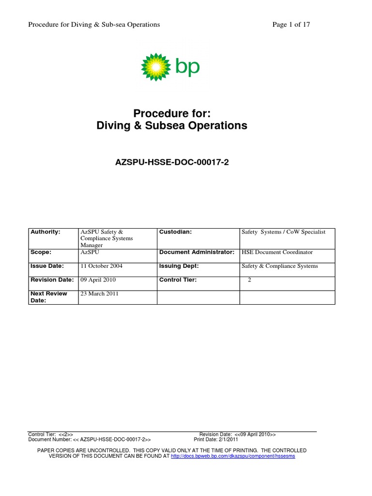AzSPU SSOW Procedure For Diving and Sub-Sea Operations | PDF | Scuba ...