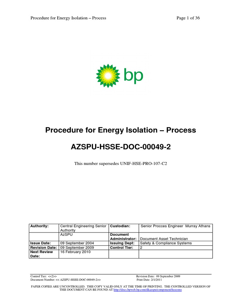 AzSPU SSOW Procedure For Energy Isolation (Process) | PDF | Audit | Risk