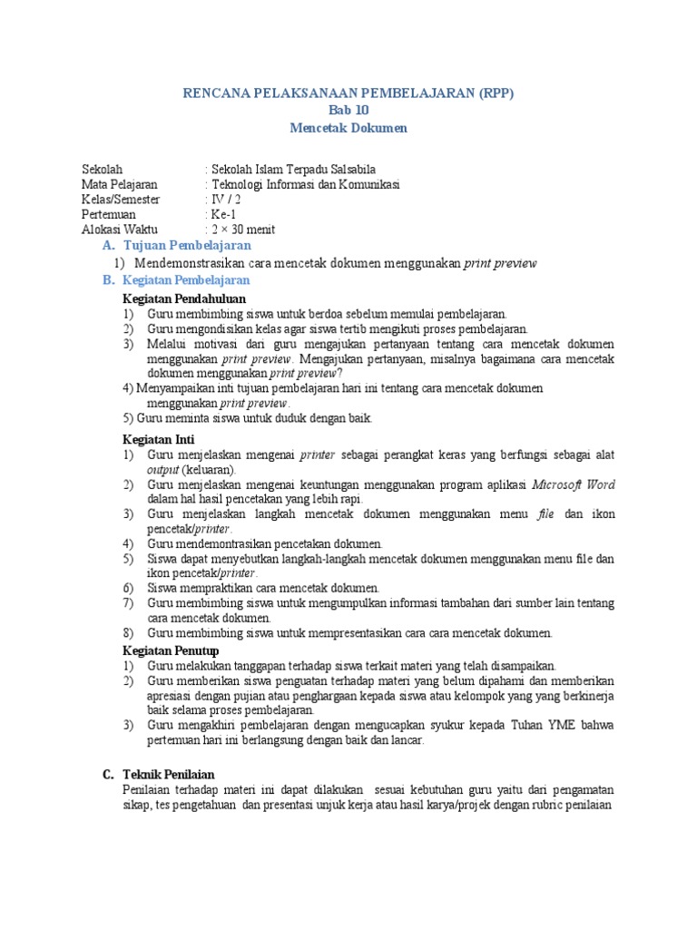 RPP Bab 10 TIK 4 Kelas IV | PDF