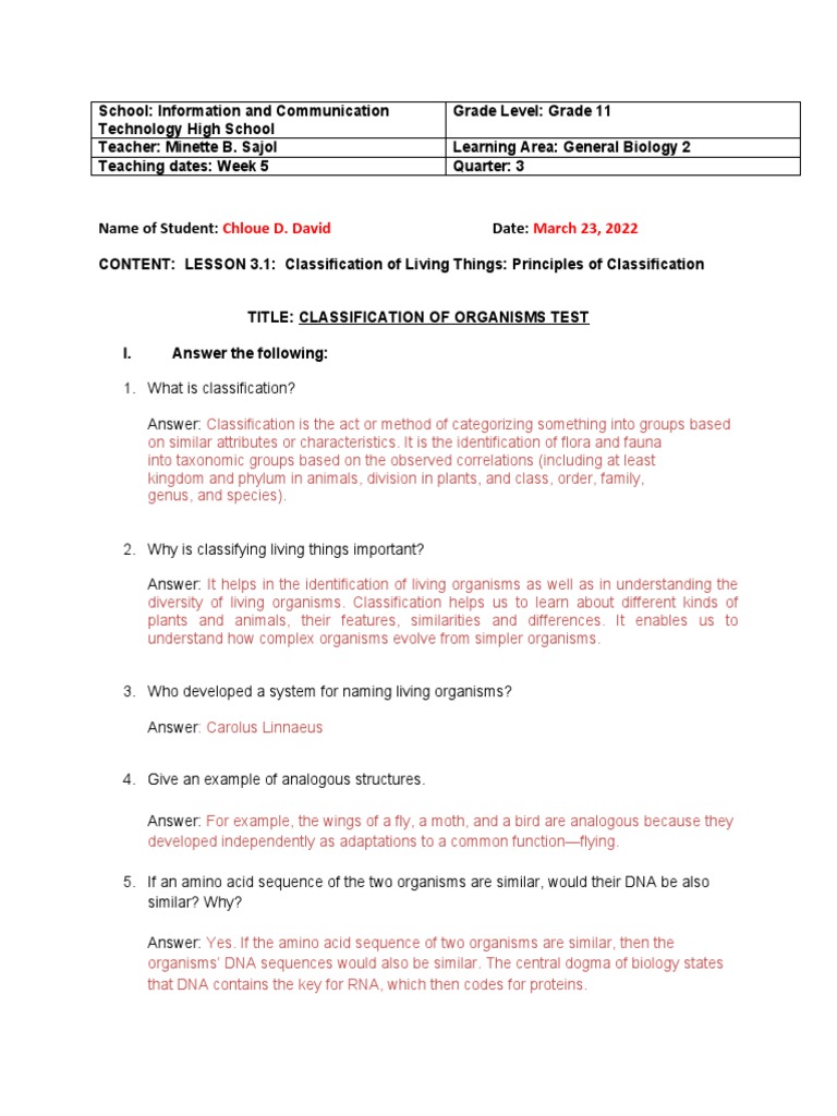 Classification of Living Things Quiz | PDF | Taxonomy (Biology) | Organisms