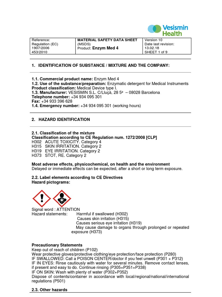 Enzym Med - MSDS | PDF | Toxicity | Dangerous Goods
