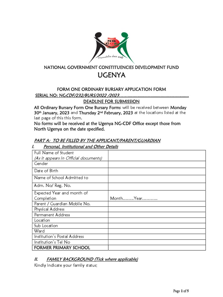 Final Form One Ordinary Bursary Form 2022 2023 | PDF