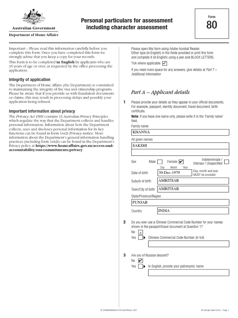 Form 80 | PDF | Identity Document | Travel Visa