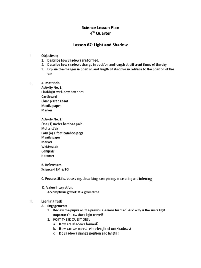 Light and Shadow Lesson Plan | PDF | Shadow | Sun