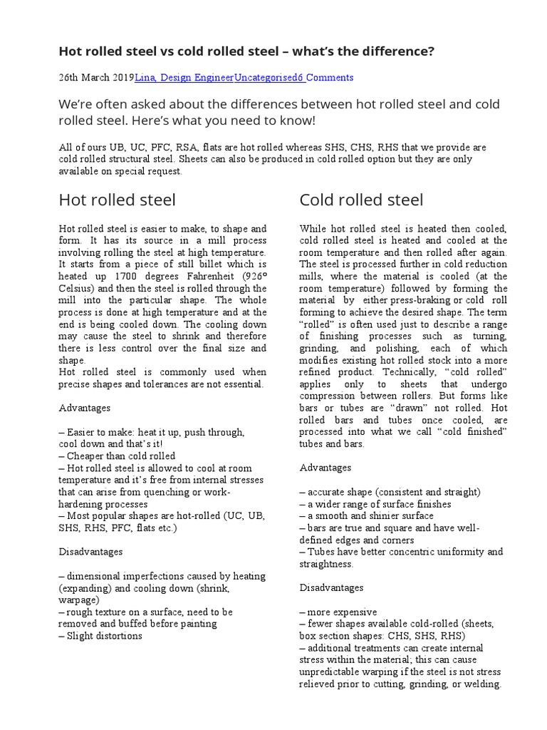 Hot Rolled vs Cold Rolled Steel Explained | PDF | Rolling (Metalworking ...