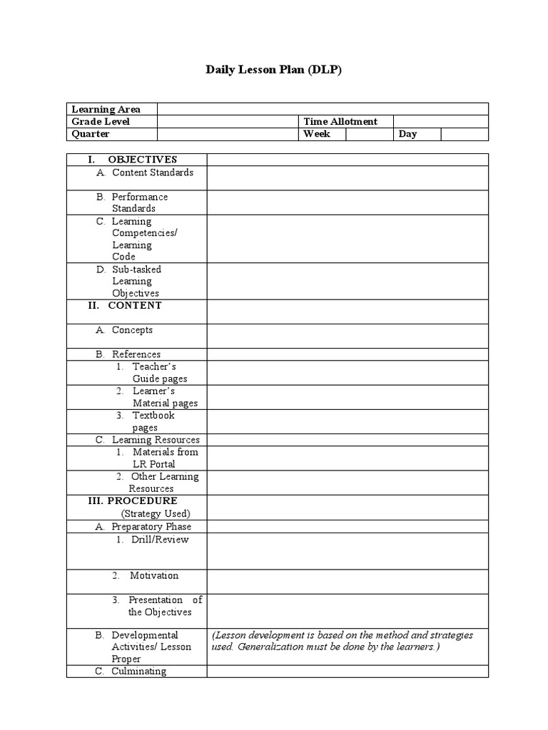 Daily Lesson Plan (DLP) : Learning Area Grade Level Time Allotment ...
