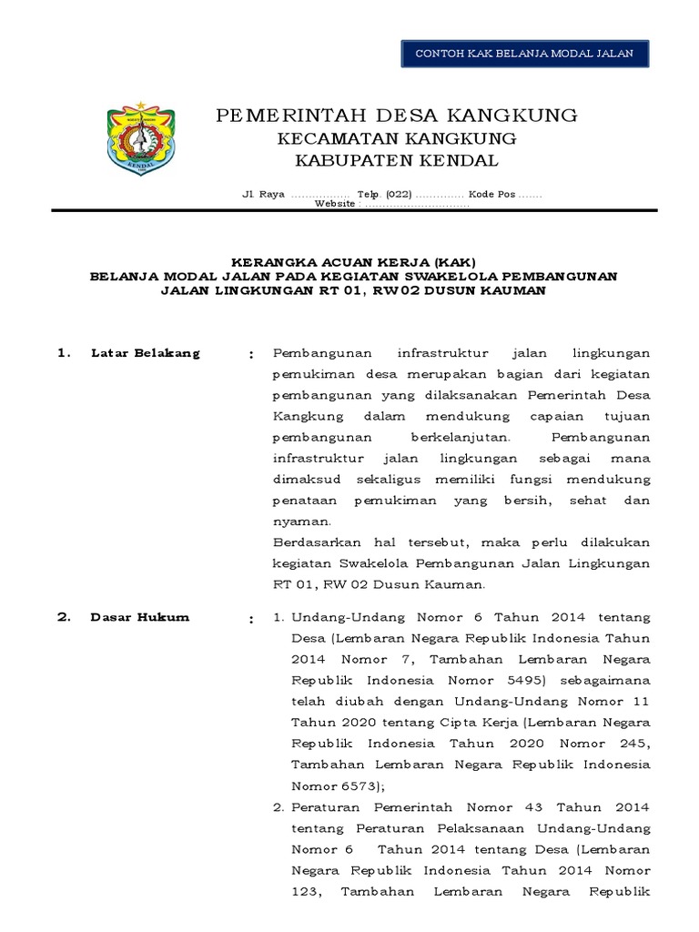 Kak-Belanja Modal Jalan-Pbj Desa-Kendal-2023 | PDF