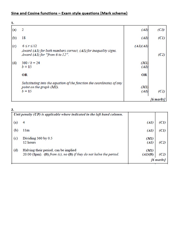 Sine and Cosine Functions - Exam Style Questions Mark Scheme | PDF ...