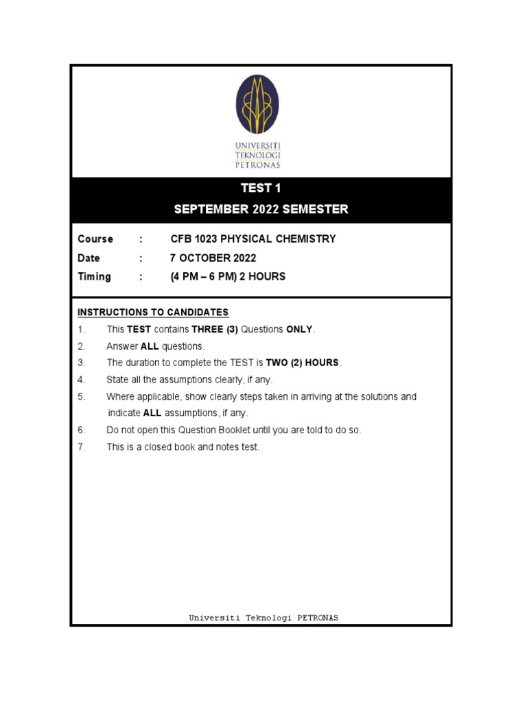 Physical Chemistry Test 1: Answers and Explanations | PDF ...