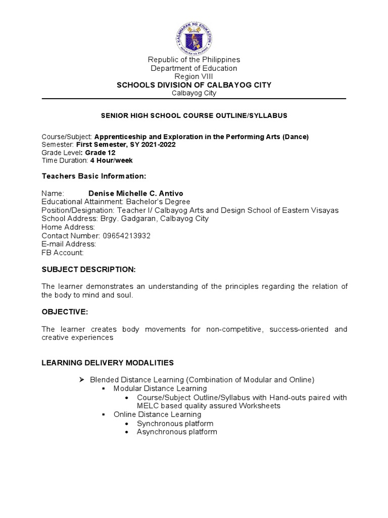 Grade 12 Dance Apprenticeship Syllabus | PDF | Learning | Distance ...