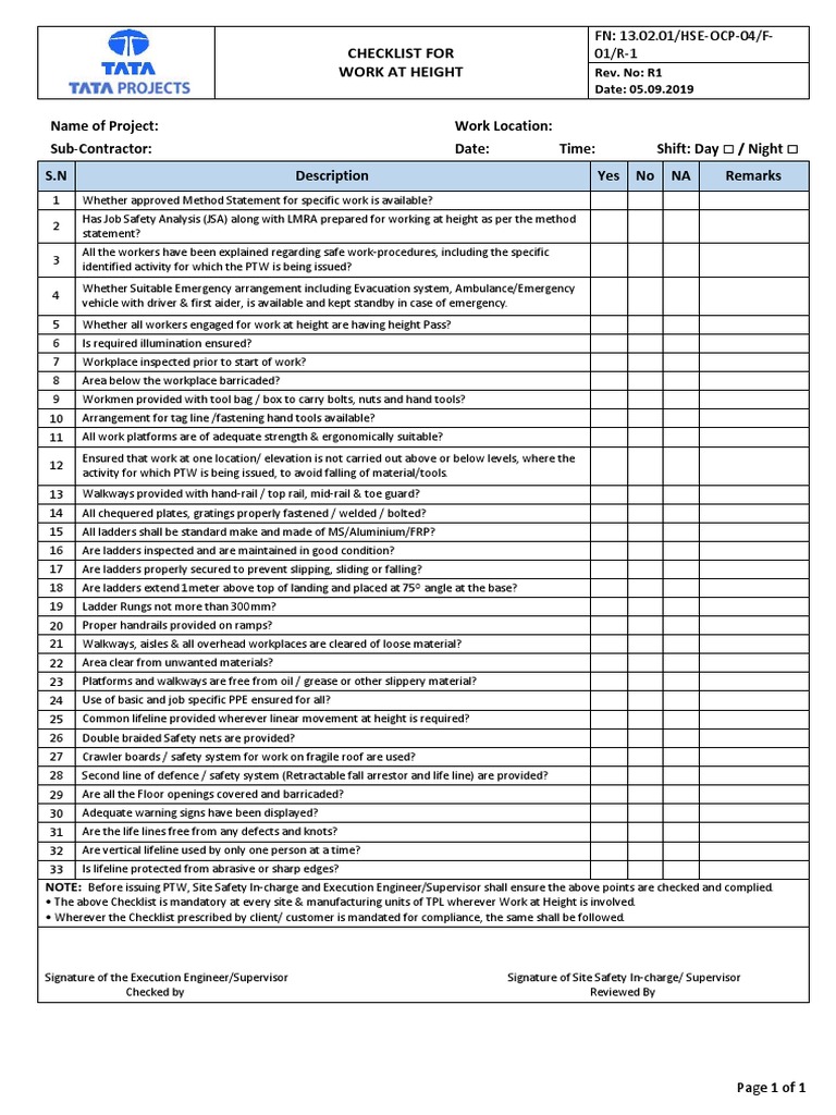 Work at Height Safety Checklist | PDF | Safety