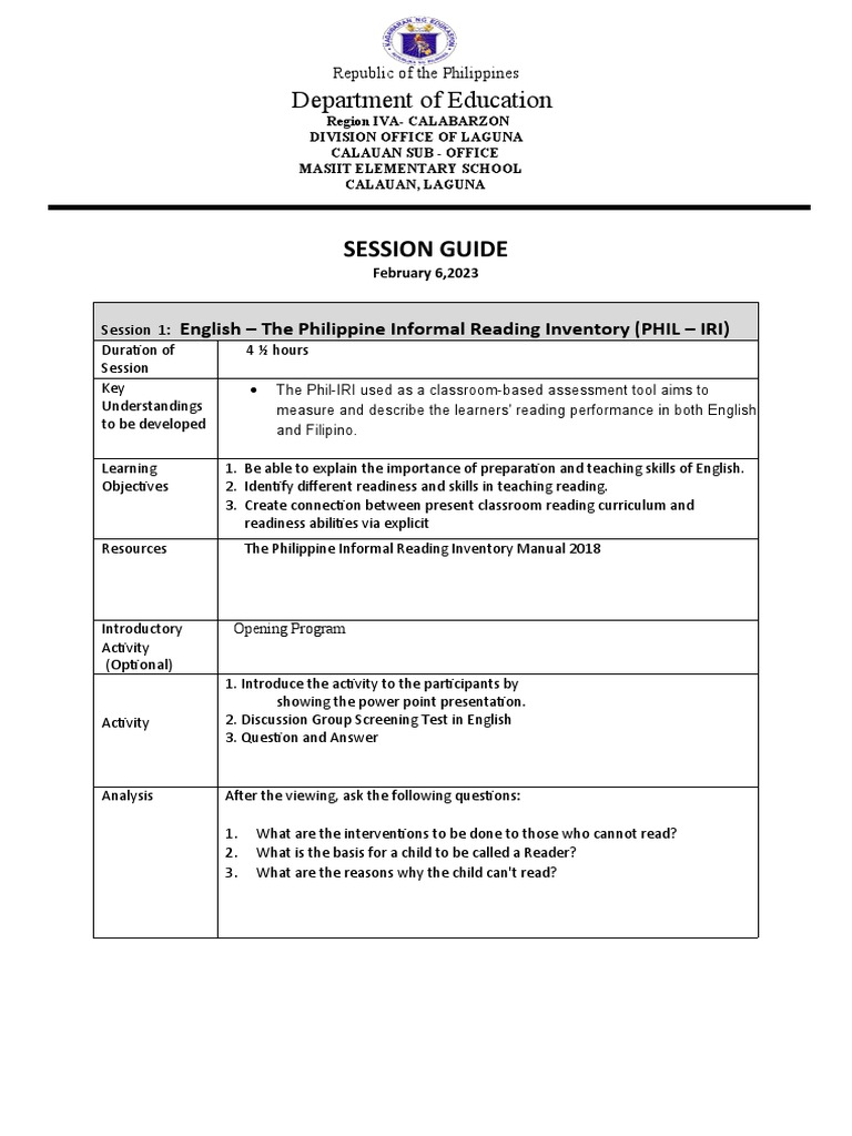 Session Guide Phil Iri | PDF | Learning | Education Theory