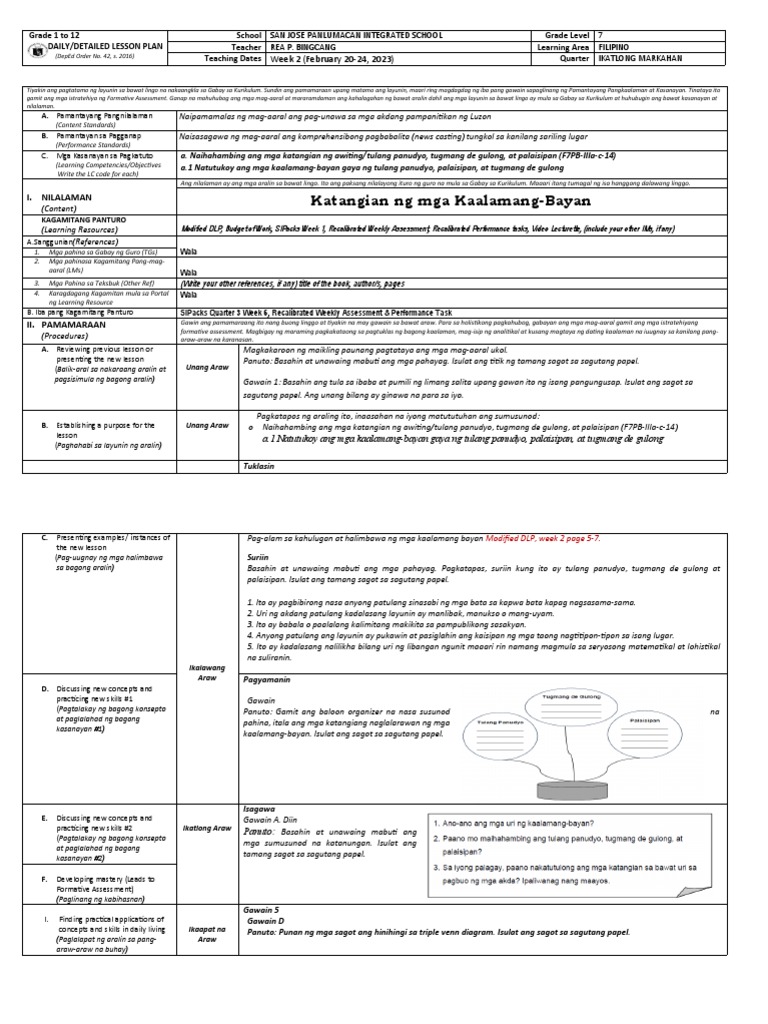 FILIPINO 7-DLL - JHS-Q3-Wk2 | PDF