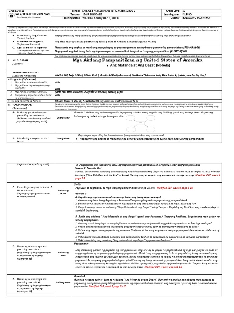 FILIPINO10 DLL - JHS Q2 Wk6 | PDF